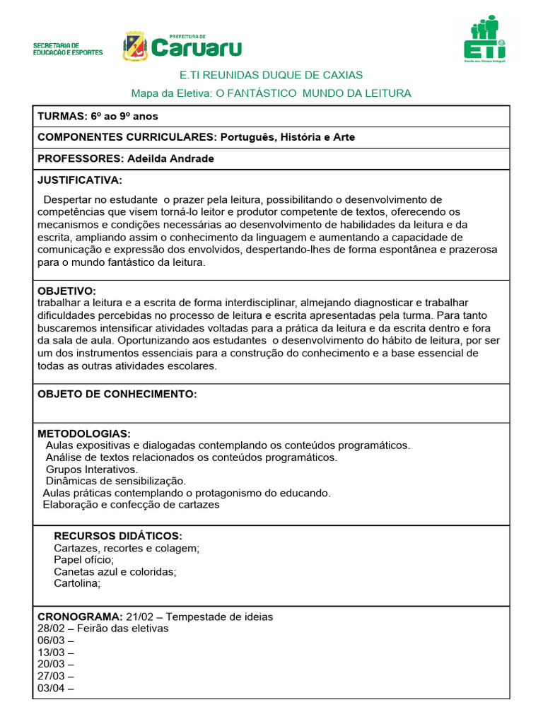 Mapa Da Eletiva o Mundo Fantástico Da Leitura | PDF
