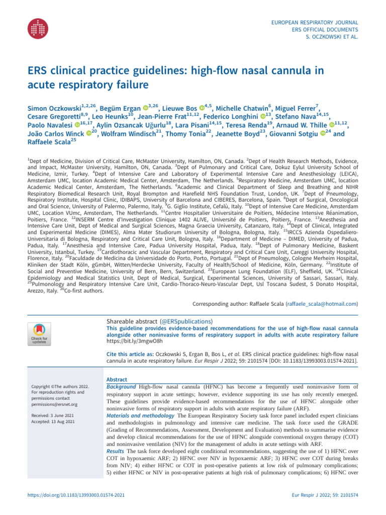 ERS Clinical Practice Guidelines - High-Flow Nasal Cannula in | PDF ...