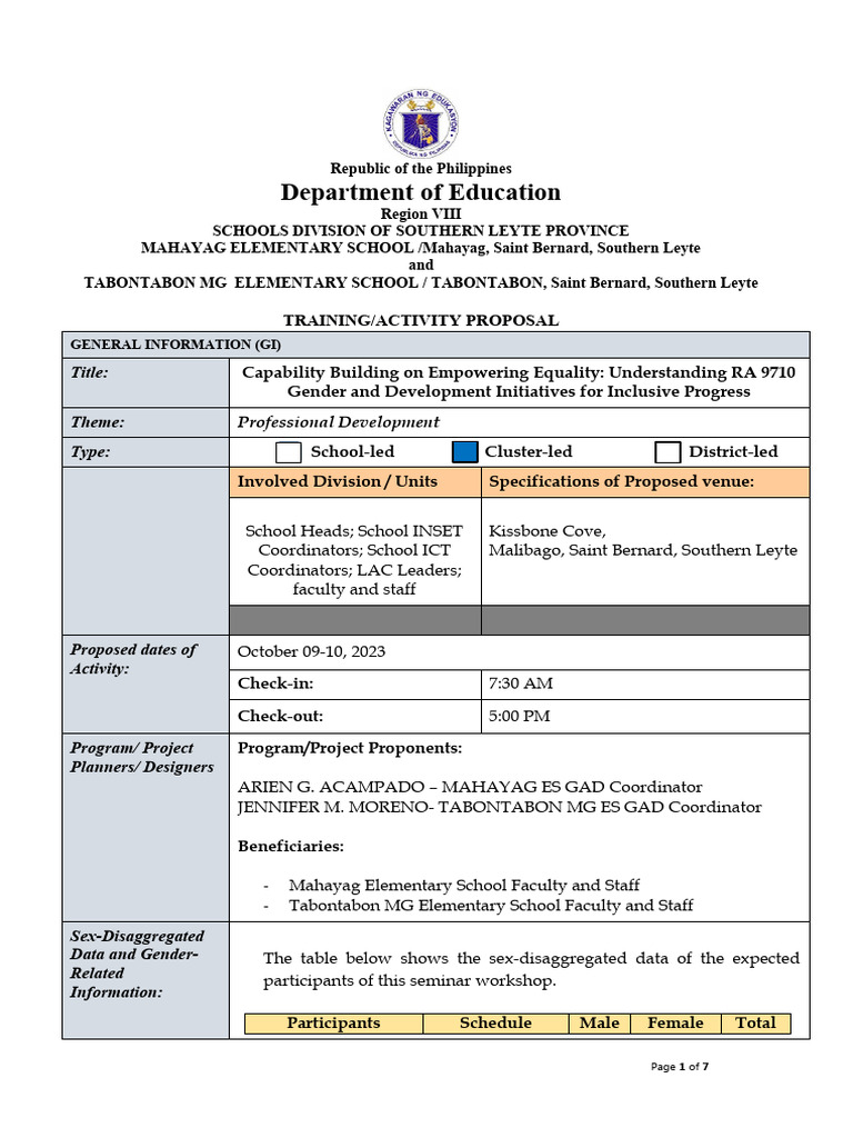 MAHAYAG TABONTABON MG ES Cluster GAD Training Proposal 2023 | PDF ... MAHAYAG TABONTABON MG ES Cluster GAD Training Proposal 2023 | PDF ...