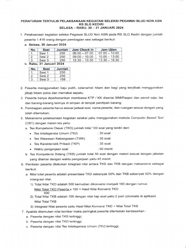 Peraturan Tertulis Dan Denah Kegiatan Seleksi Pegawai Blud SLG | PDF