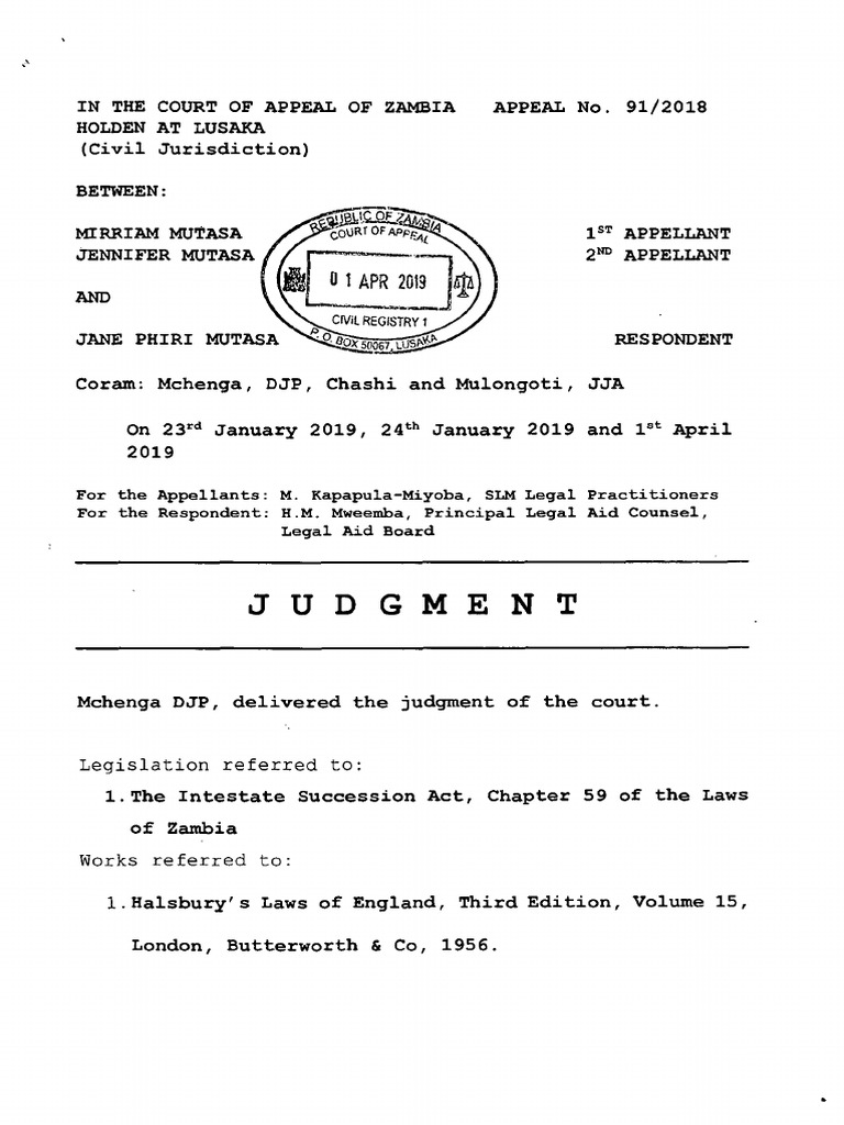 Appeal No.91 2018 Mirriam Mutasa Jennifer Mutasa vs. Jane Phiri Mutasa Apr 2019 Justice ...