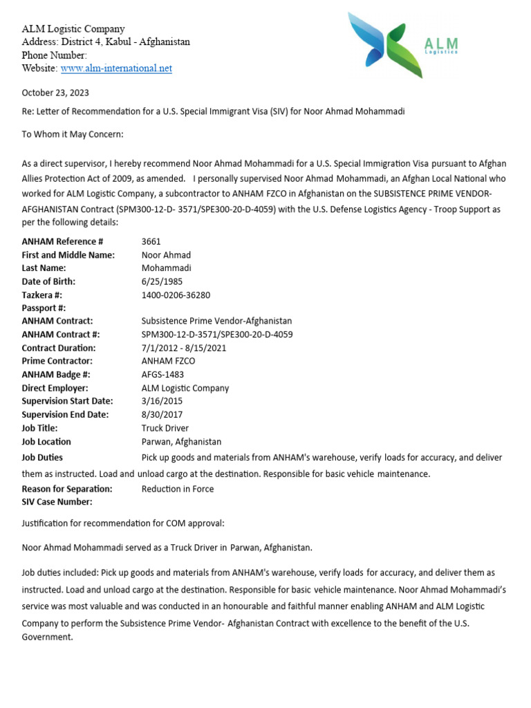 ALM - 3661 - Noor Ahmad Mohammadi - SIVR Letter - 20230925 | PDF ...