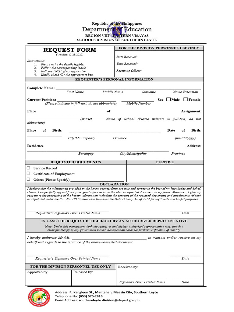 Southern Leyte Division Request Form | PDF | Signature | Identity Document