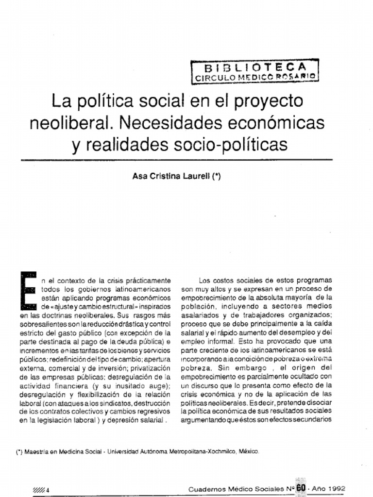 LAUREL Politica Social en El Proyecto Neoliberal | PDF