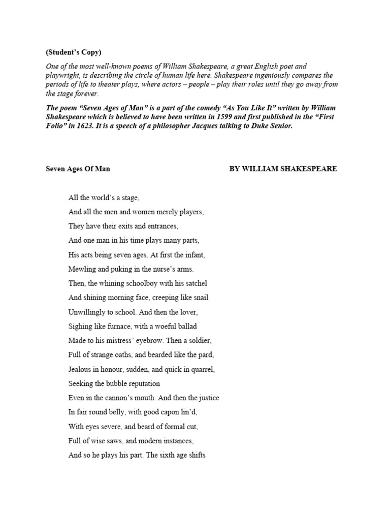Seven Ages Of Man By William Shakespeare Pdf