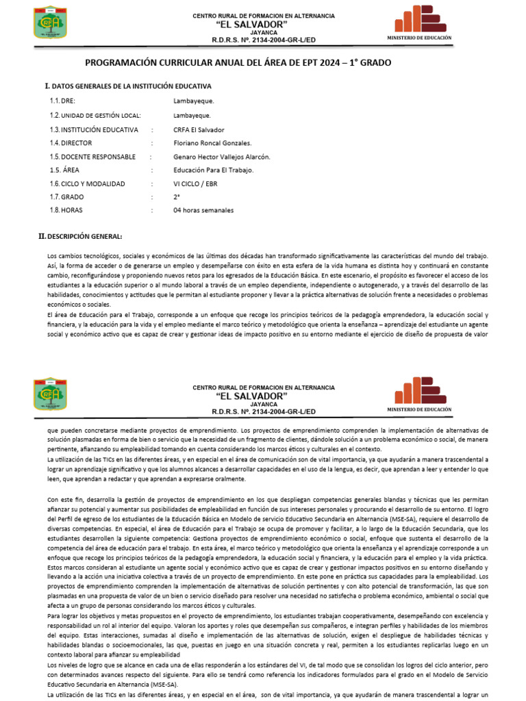 Programacion Anual de Ept 2do Grado 2024 Hector Vallejos | PDF | Aprendizaje | Iniciativa ...