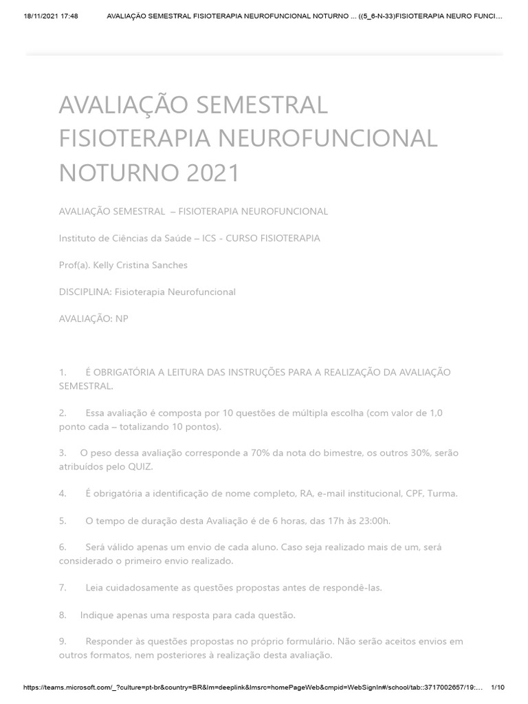 Geral ( (5 - 6-N-33) FISIOTERAPIA NEURO FUNCIONAL) - Microsoft Teams ...