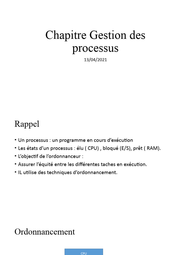 Chapitre Gestion Des Processus PDF Ordonnancement Dans Les Syst mes