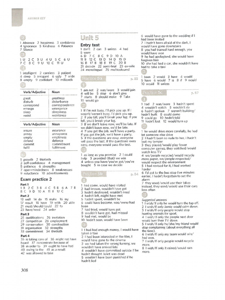 Answer Key Unit 5 Grammar Exercises 5a, 5b | PDF
