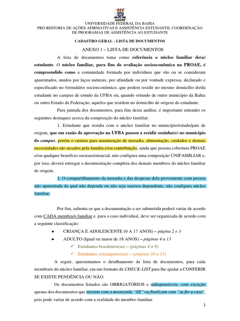 2024 - 1 Chamada - Lista de Documentos Anexo 1 Rev | PDF