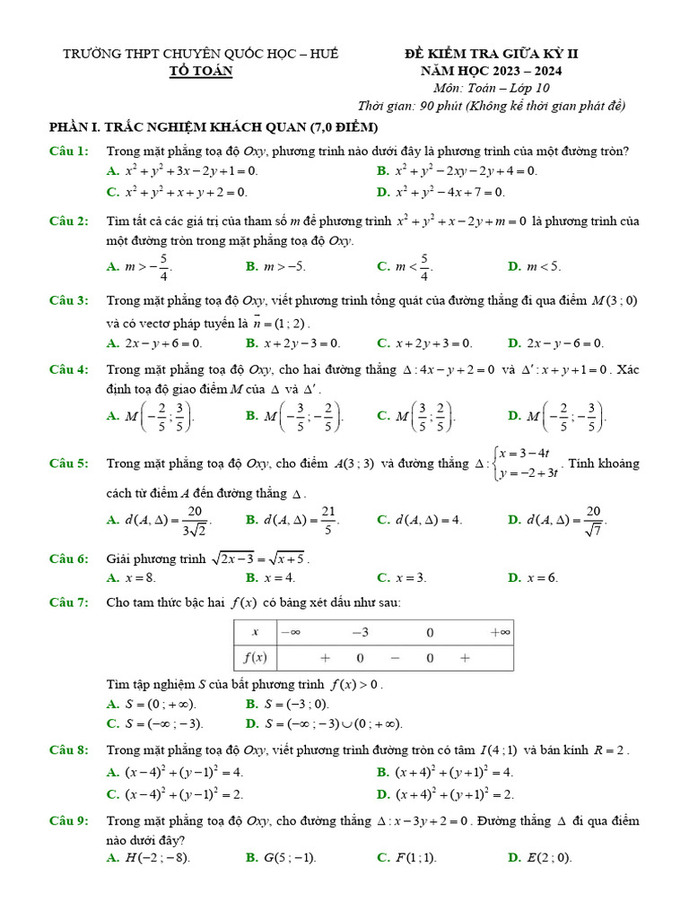 De Giua Ky 2 Toan 10 Nam 2023 2024 Truong THPT Chuyen Quoc Hoc Hue | PDF