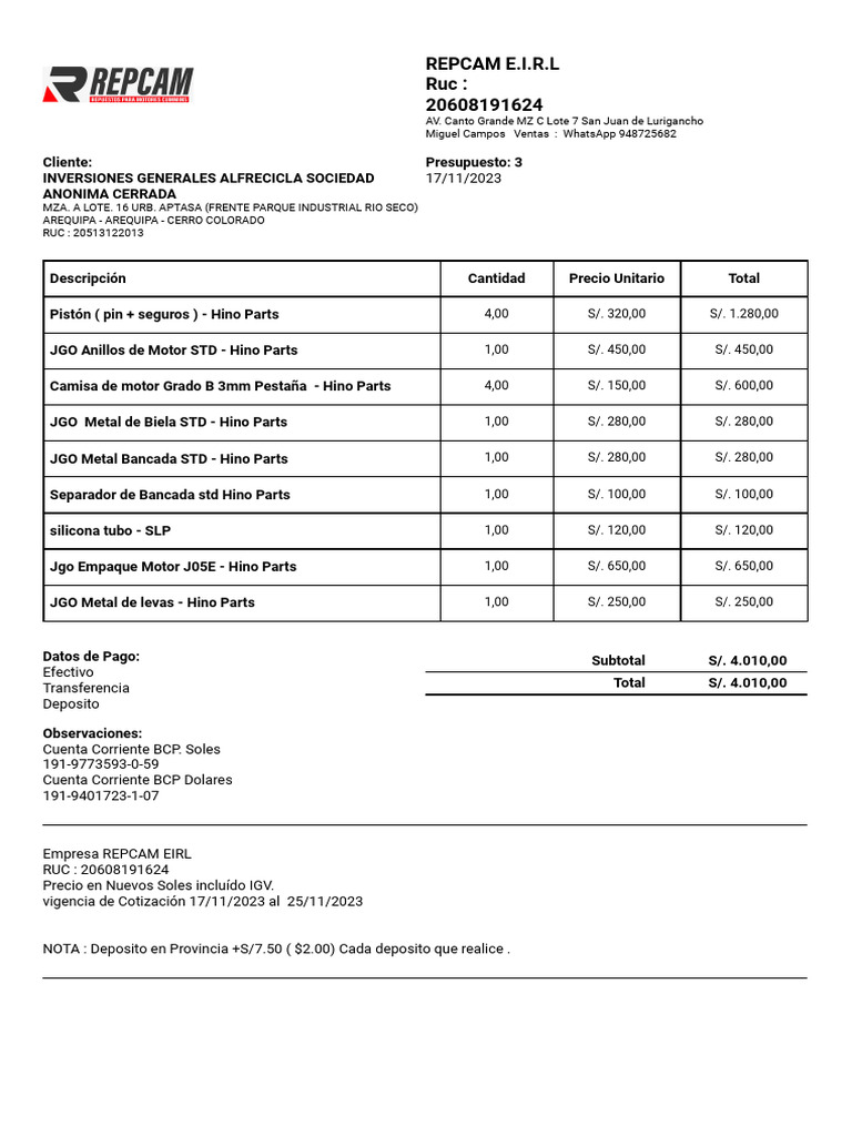 Presupuesto Recam Nro.1 | PDF