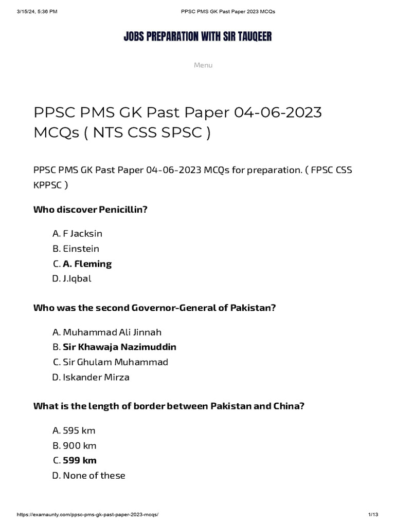 Ppsc Pms Past Papers Solved General Knowledge Mcqs With Answers PMS GK
