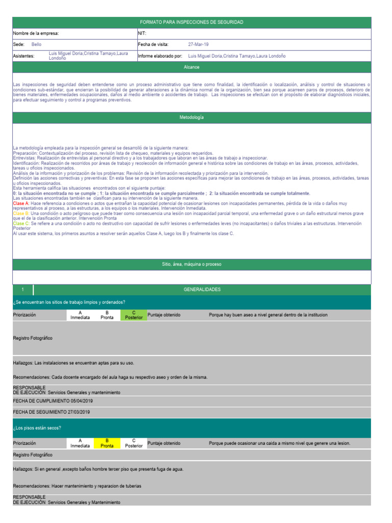 Formato Inspeccion de Seguridad Act | PDF | Residuos
