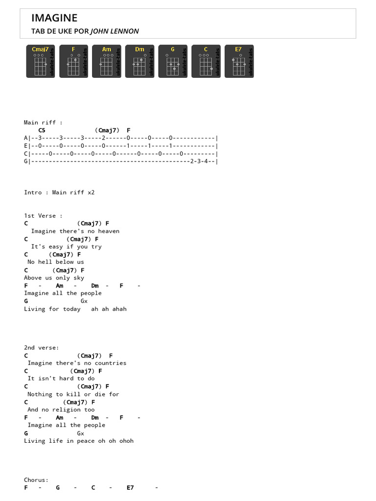 Imagine Tab de Uke Por John Lennon - Ukulele Tabs | PDF