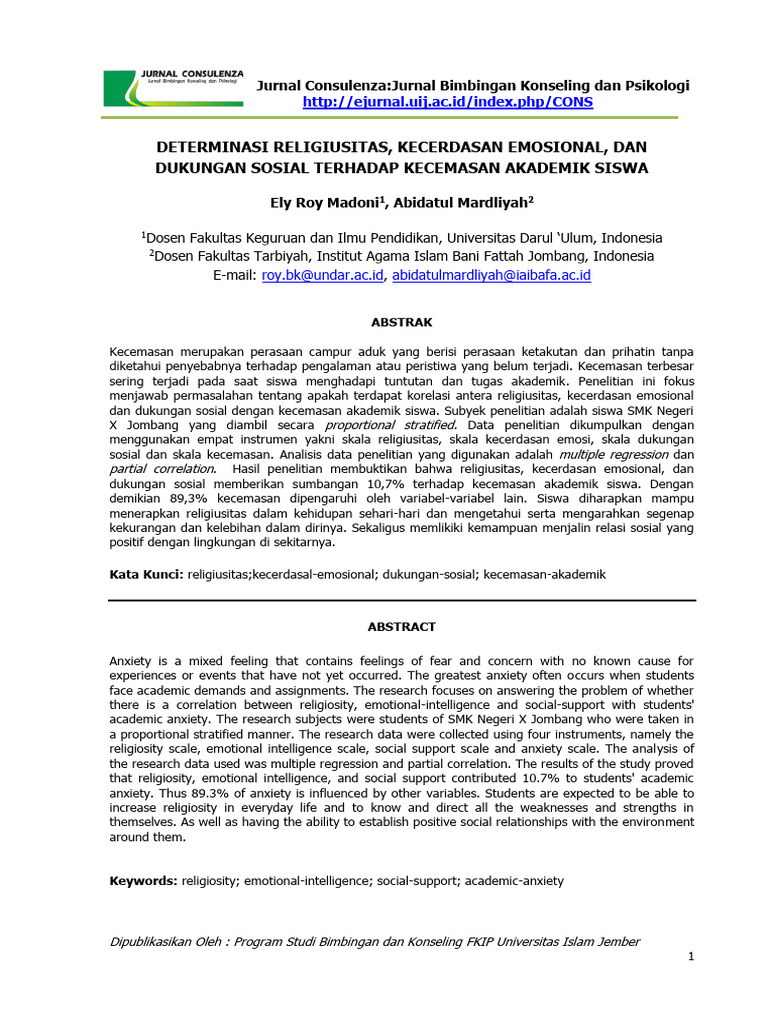 Determinasi Religiusitas, Kecerdasan Emosional, Dan Dukungan Sosial Terhadap Kecemasan Akademik ...