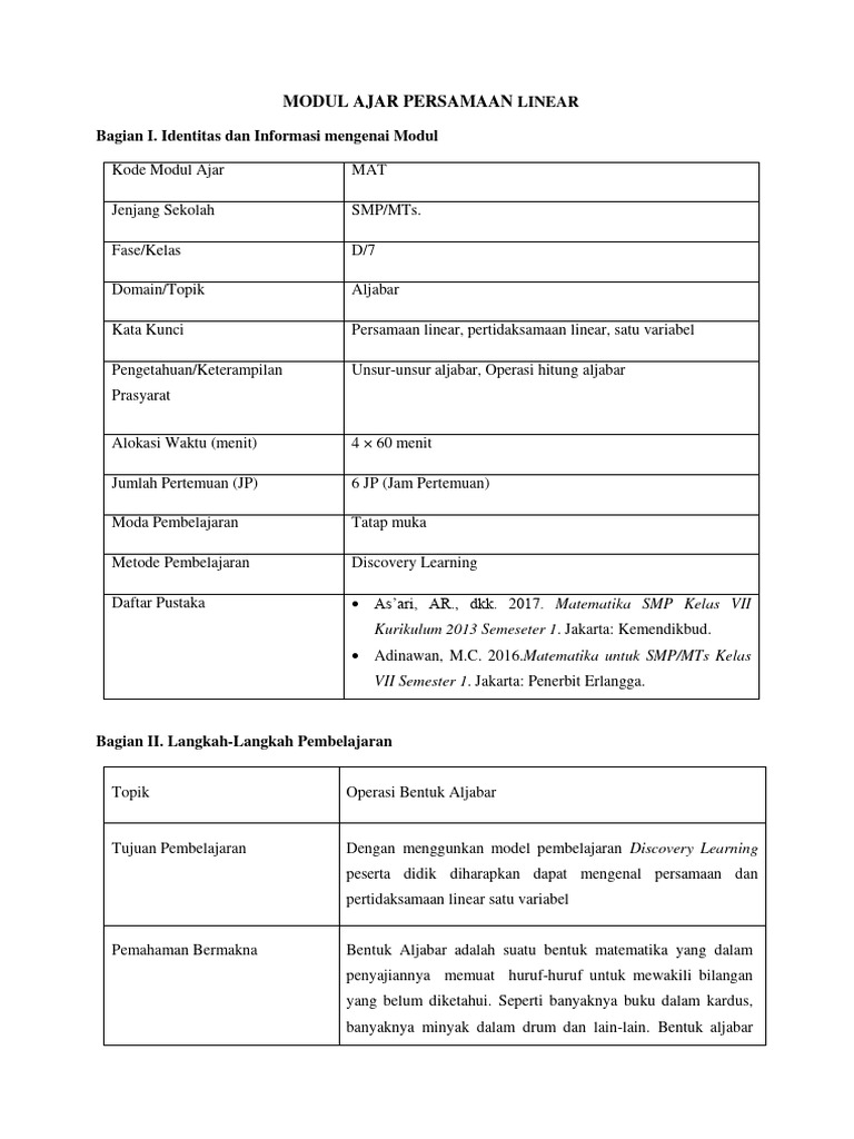 MODUL AJAR PERSAMAAN LINEAR Arb | PDF