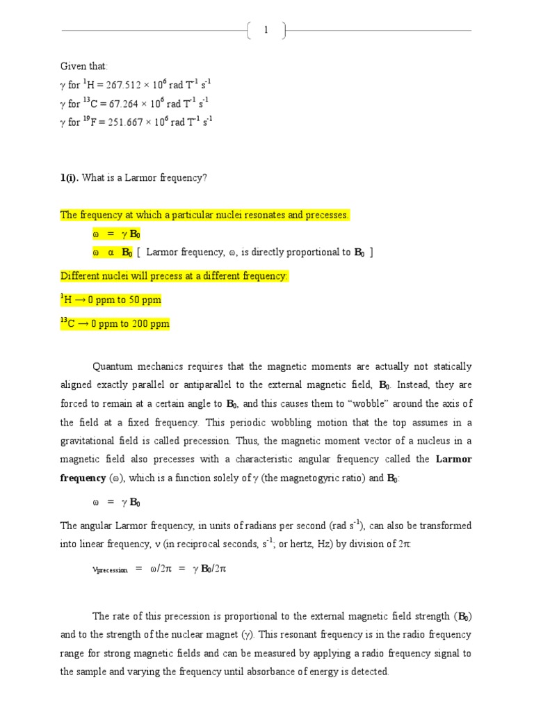1 (I) - What Is A Larmor Frequency? | PDF | Nuclear Magnetic Resonance ...