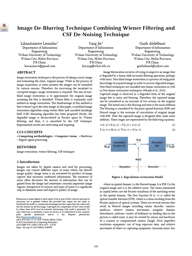 Image De-Blurring Technique Combining Wiener Filtering and CSF Denoising Technique | PDF ...