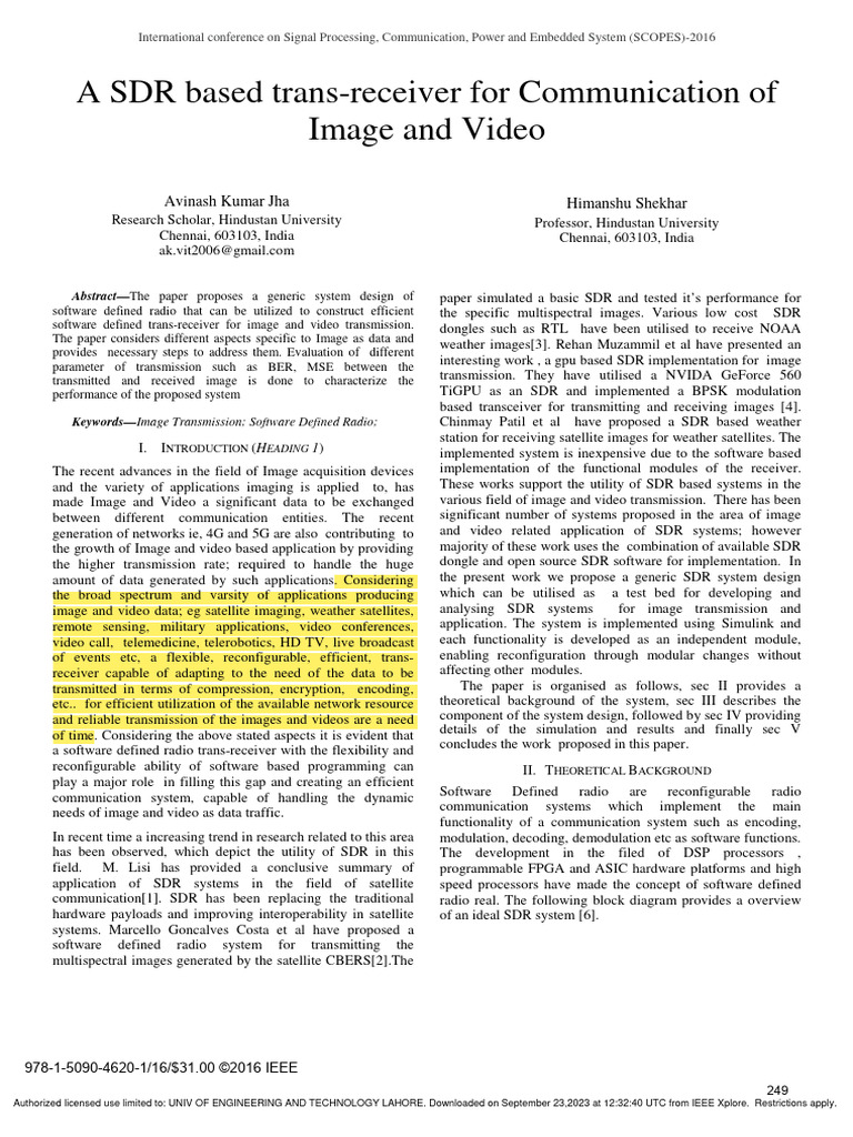 A Sdr Based Trans Receiver For Communication Of Image And Video Pdf