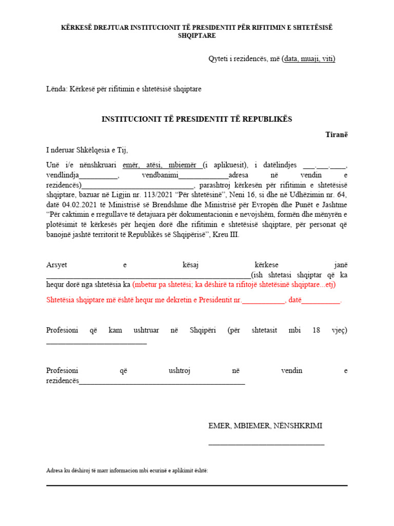 Model Kerkese Drejtuar Presidentit Te Republikes Per Rifitimin e ...
