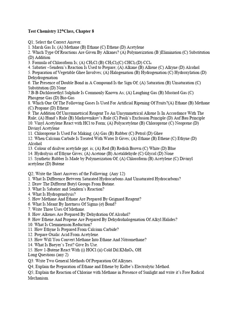 Grade 12 Chemistry: Chapter 8 Overview | PDF | Alkene | Ethylene