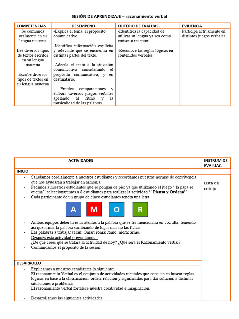 Sesión de Aprendizaje Razonamiento Verbal | PDF | Palabra | Aprendizaje
