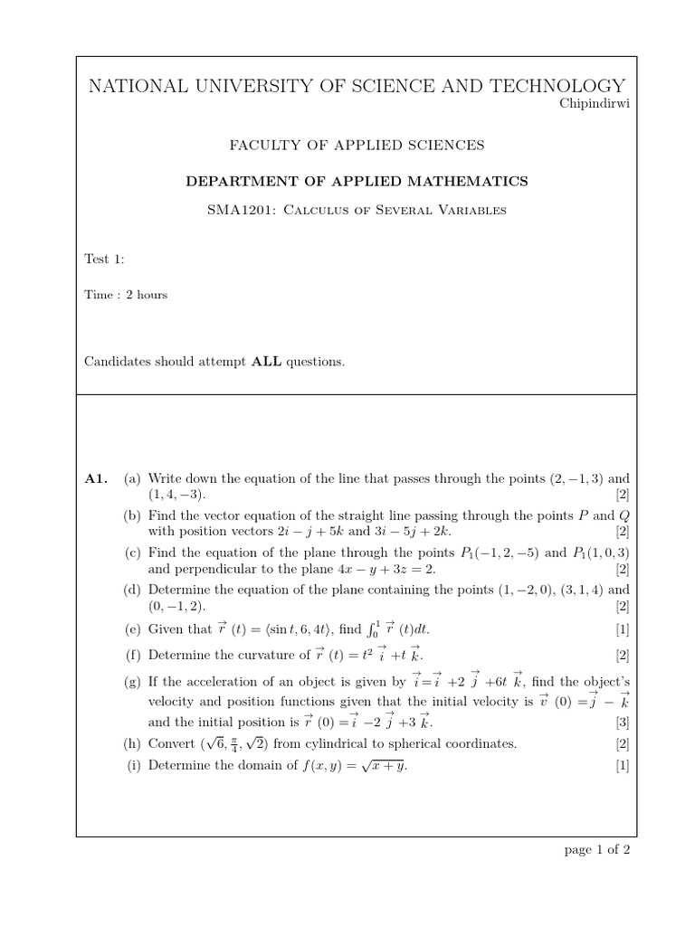 Calculus Of Several Variables Test1 Pdf Equations Velocity