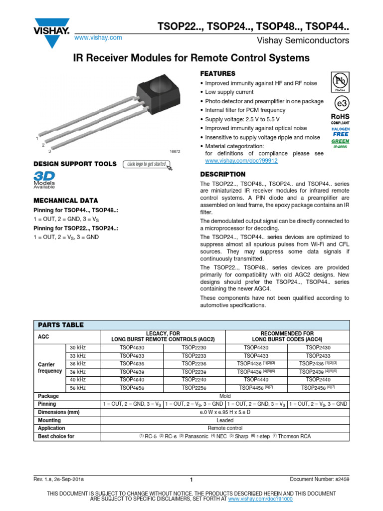 TSOP4838 Datasheet | PDF | Remote Control | Detector (Radio)