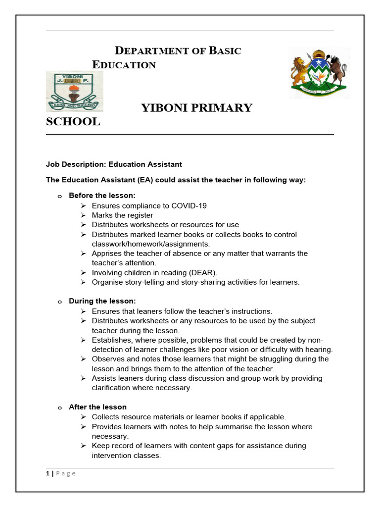 EA Job Description | PDF | Teachers | Lesson Plan