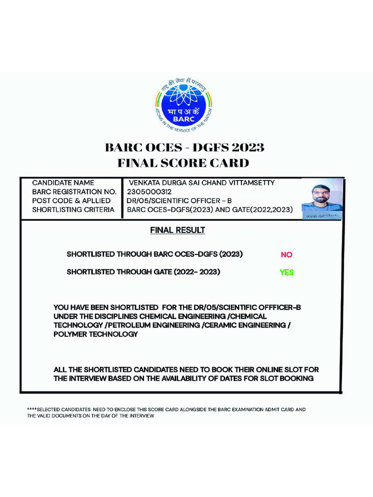 Barc Oces Dgfs Final Score Card 2023 | PDF