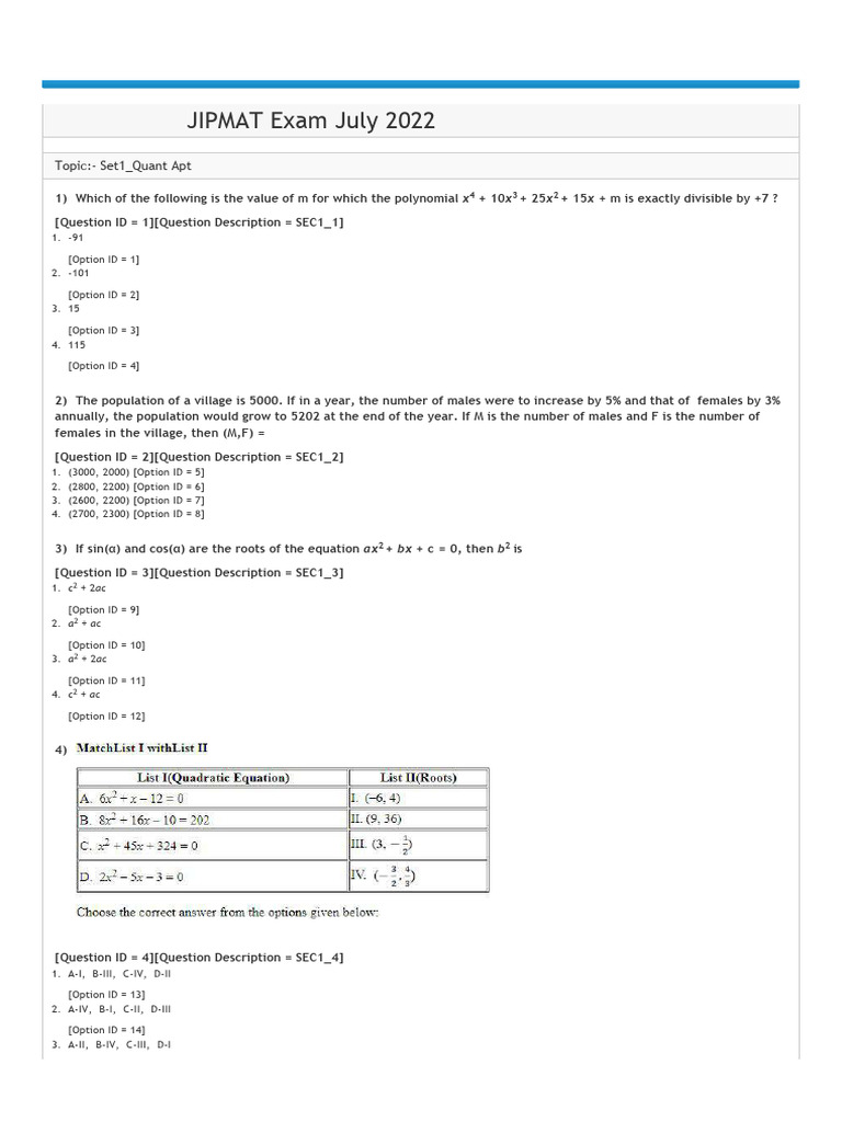 JIPMAT 2022 Pyq | PDF | Color | Expense