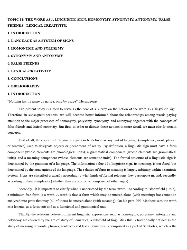 Topic 11 The Word As A Linguistic Sign. Homonymy, Synonymy, Antonymy ...