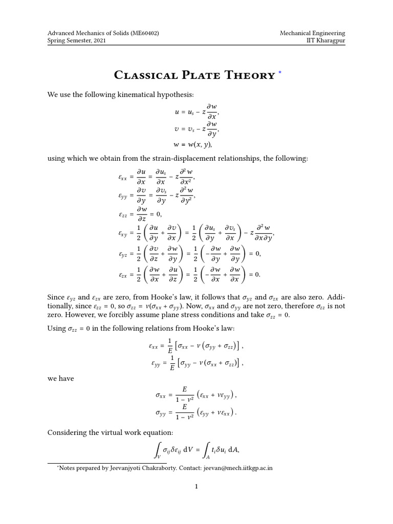 Classical Plate Theory: Advanced Mechanics of Solids (ME60402) Spring Semester, 2021 Mechanical ...
