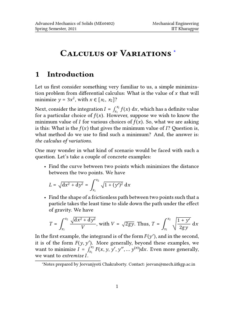 Calcvar Pdf Calculus Of Variations Euler Lagrange Equation