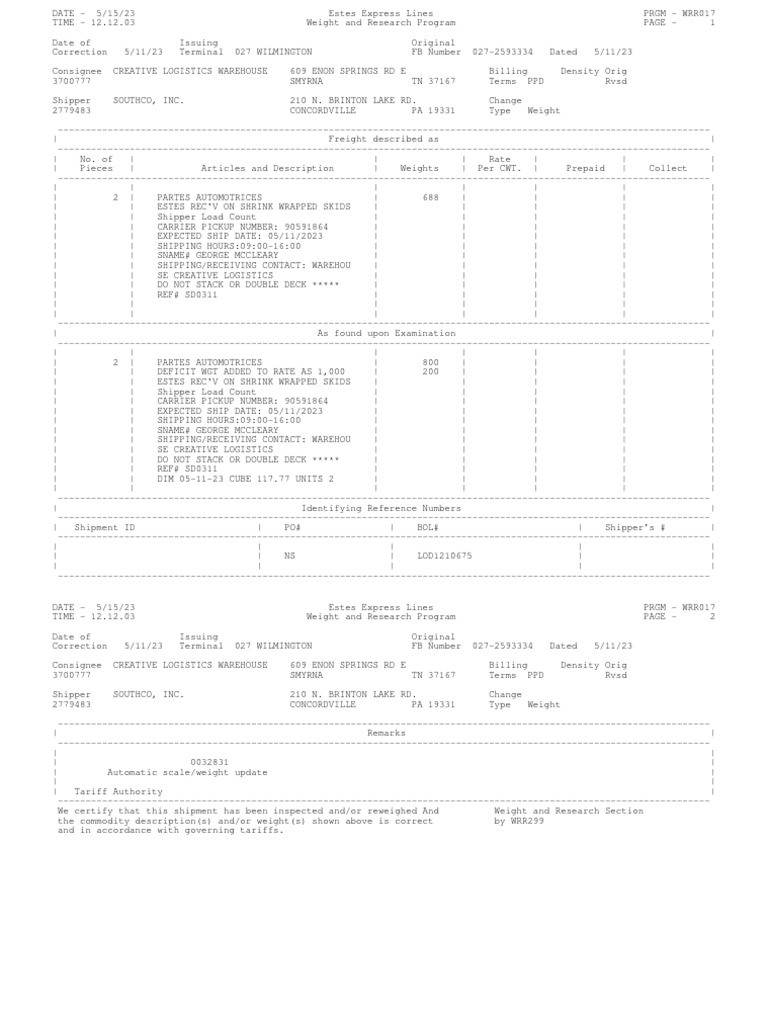 Estes Bill of Lading Details | PDF | Cargo | Business
