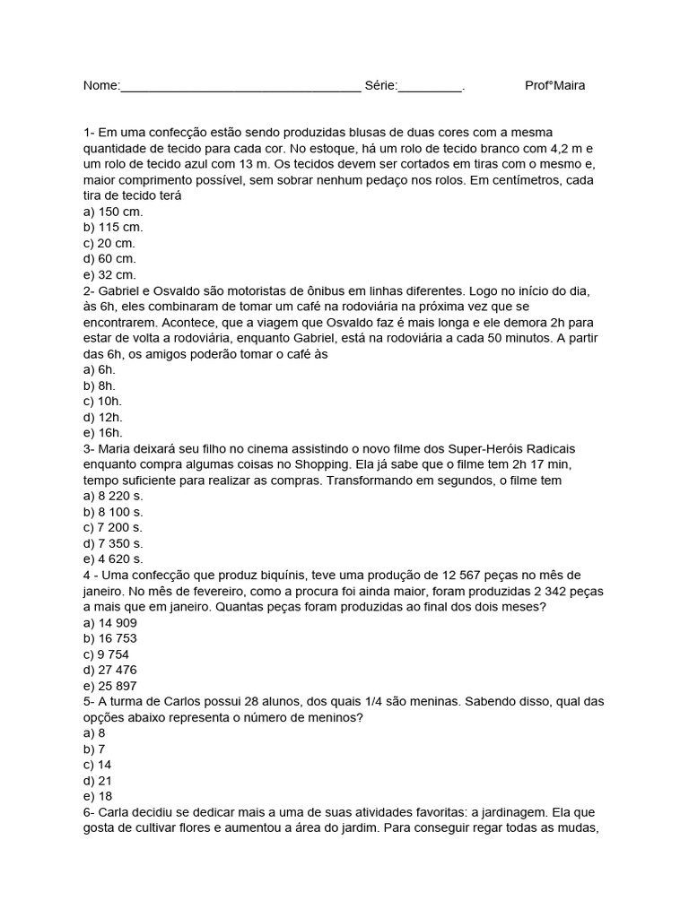 Atividade 7° Ano | PDF