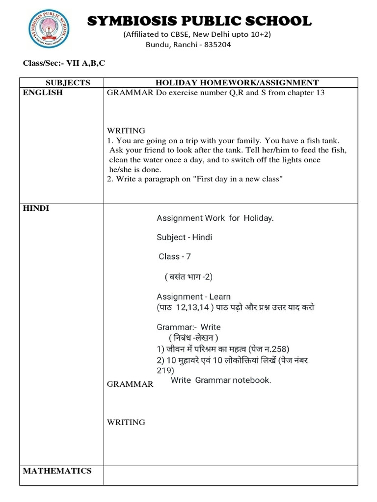 Holiday Homework & Assignment Class Vii | PDF | Science & Mathematics