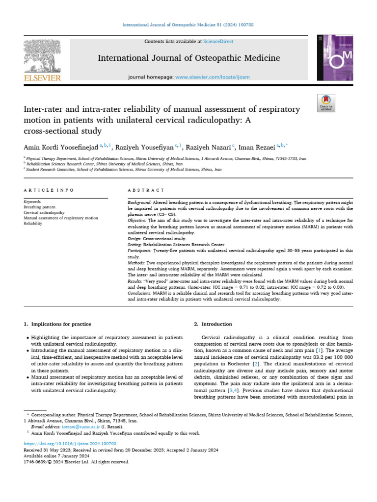 Yoosefinejad Et Al. Inter-Rater and Intra-Rater Reliability of Manual ...