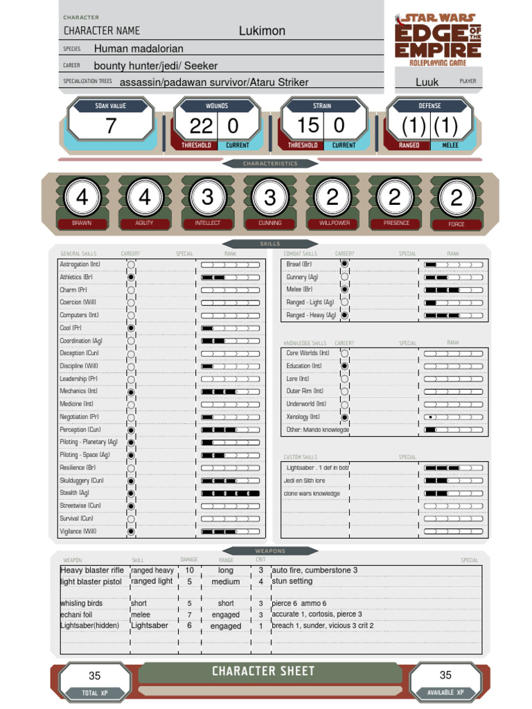 EoE Character Sheet Mando1 | PDF | Star Wars