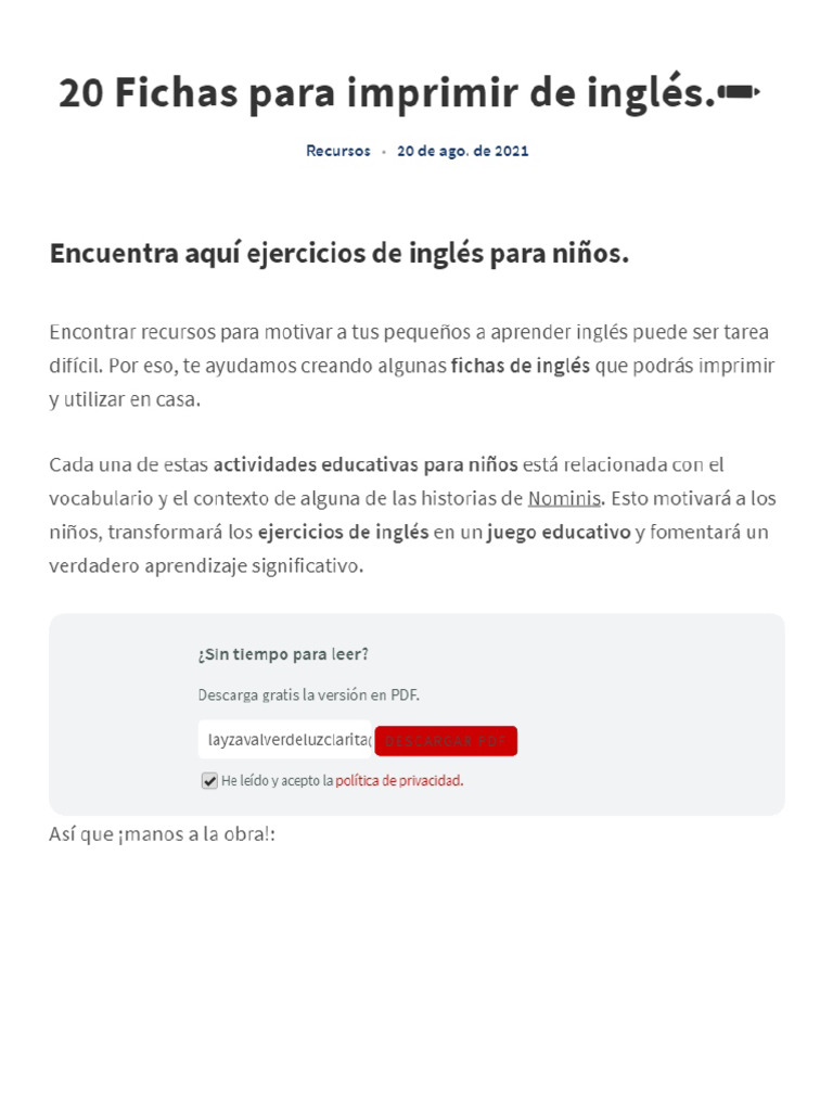 20 Fichas para imprimir de inglés. ️ | PDF