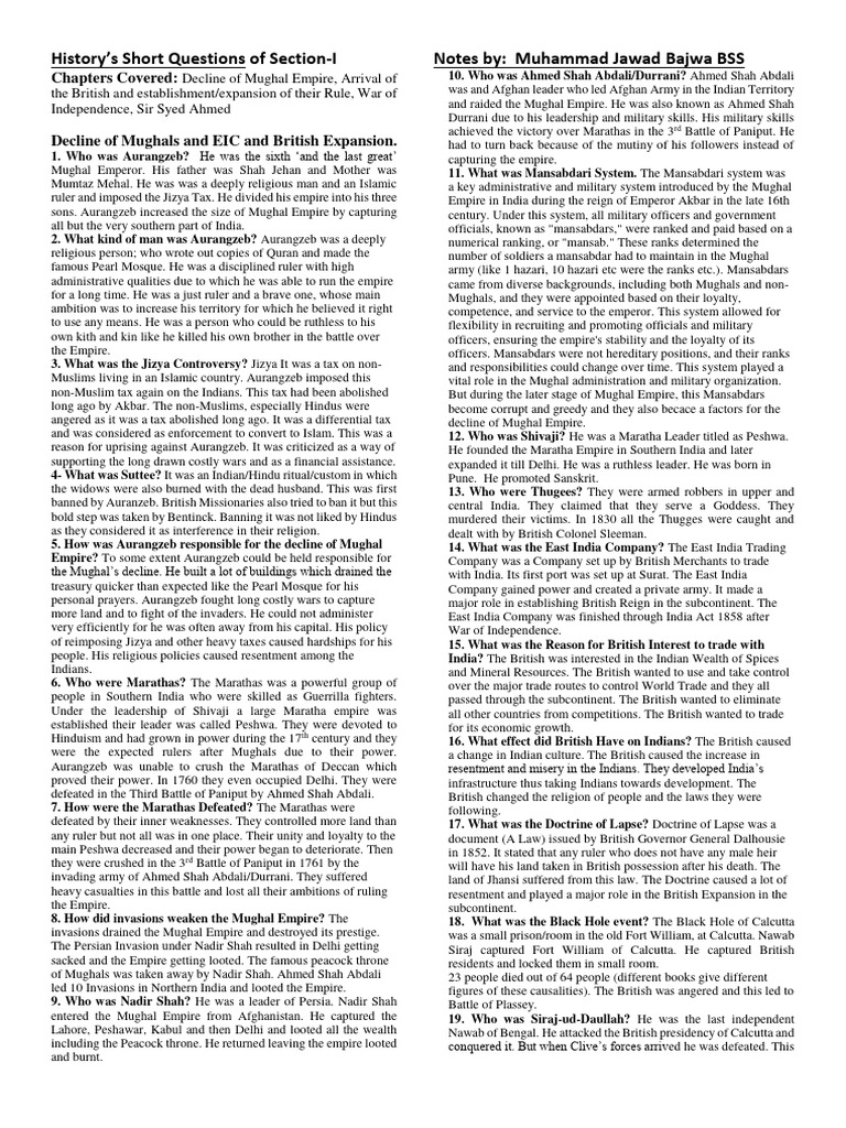 Short Questions of Mughals, EIC, War of Independence and Sir Syed | PDF ...