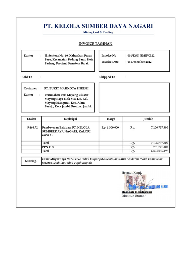 Contoh Invoice Batubara | PDF