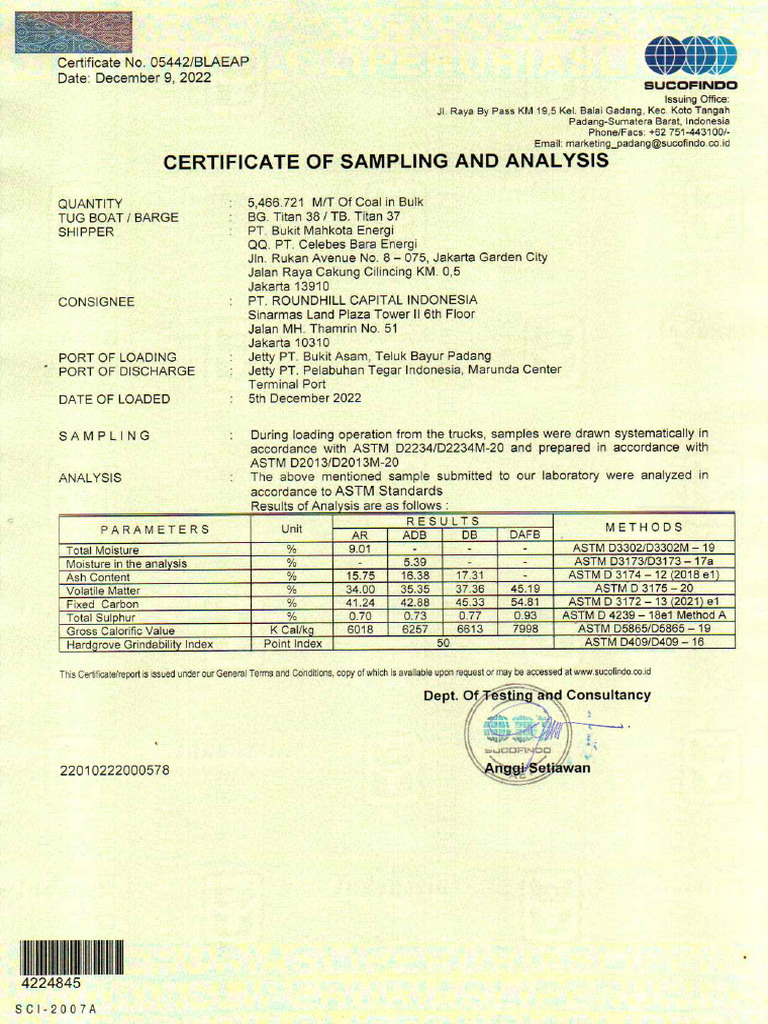 Contoh COA Batubara | PDF