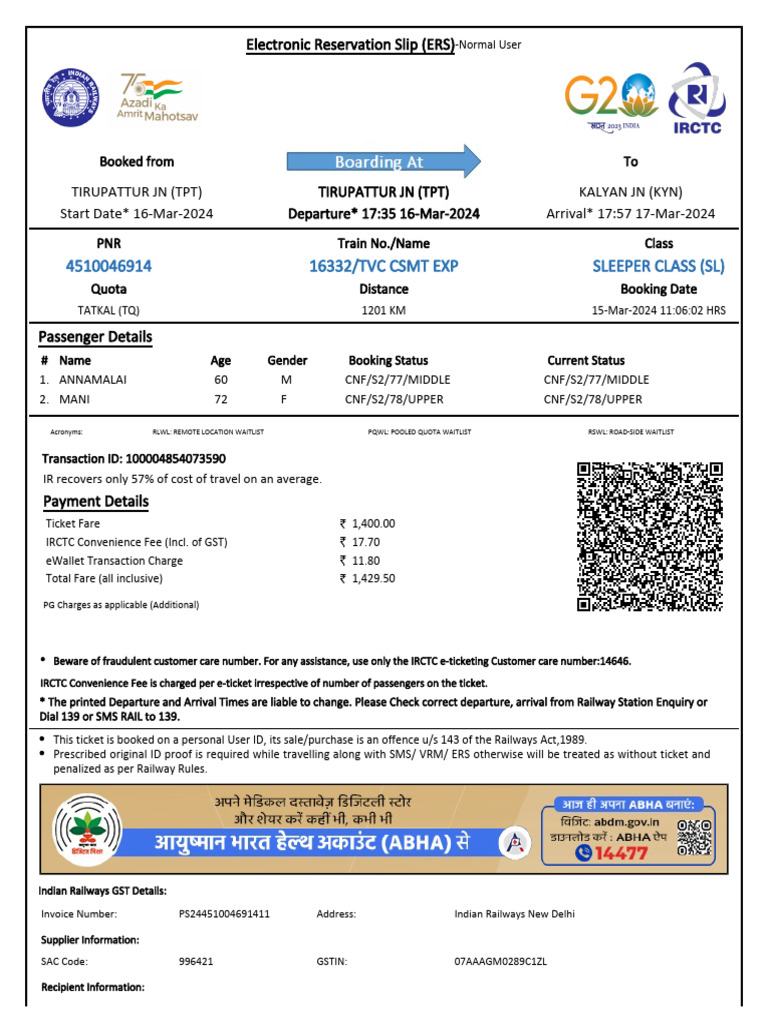 16332/TVC CSMT EXP Sleeper Class (SL) | Download Free PDF | Identity Document | Payments