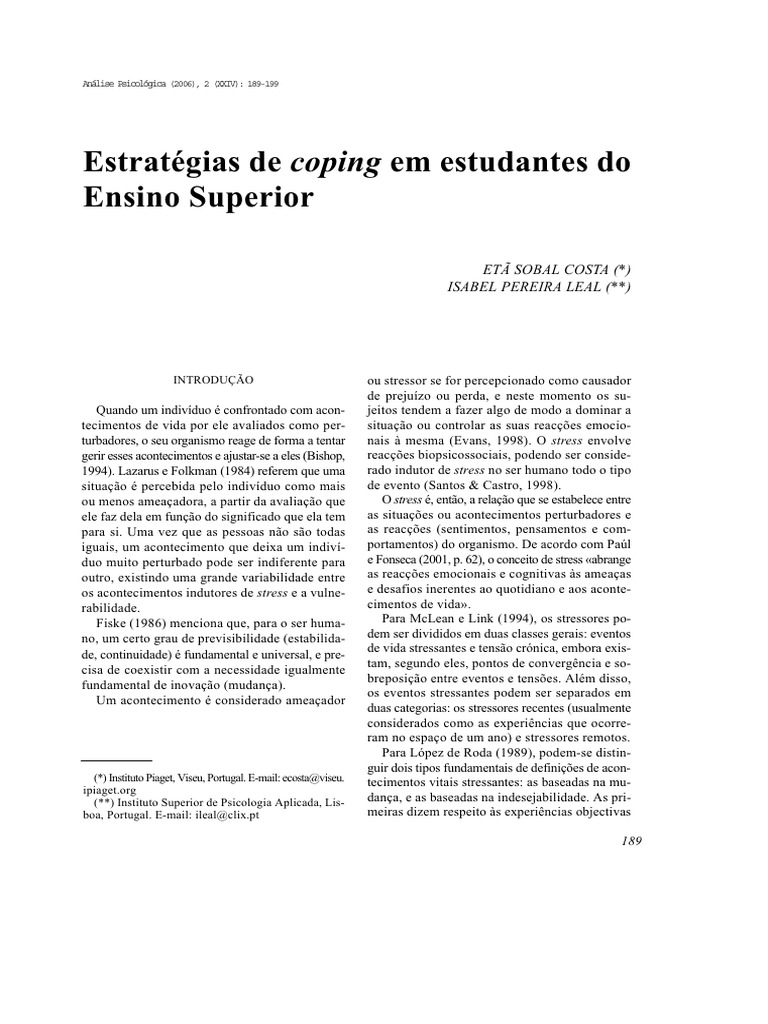 Estratégias de Coping e Stress em Estudantes | PDF | Estresse (Biologia ...