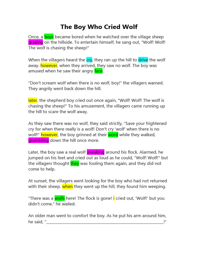 The Boy Who Cried Wolf Story H.W. | PDF