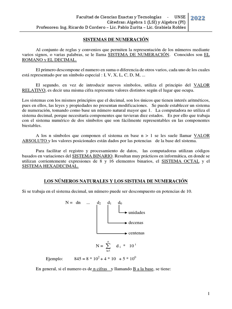 ALG.I - Unidad N3 - Sistemas de Numeración - (2022) | PDF | Sustracción | Números