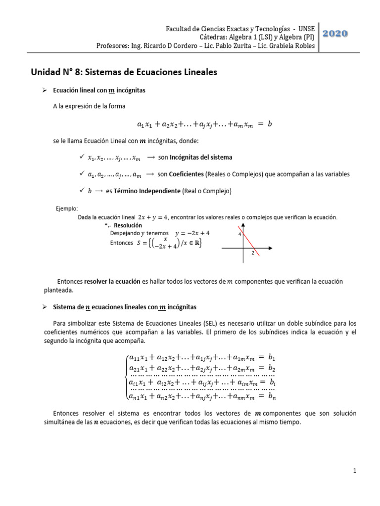 ALG.I - Unidad N8 - Sistemas de Ecuaciones Lineales - (2020) | PDF | Ecuaciones | Sistema de ...