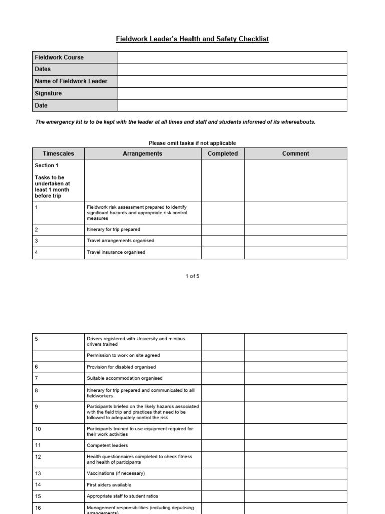 Fieldwork Leader S Health And Safety Checklist Fieldwork Course Dates